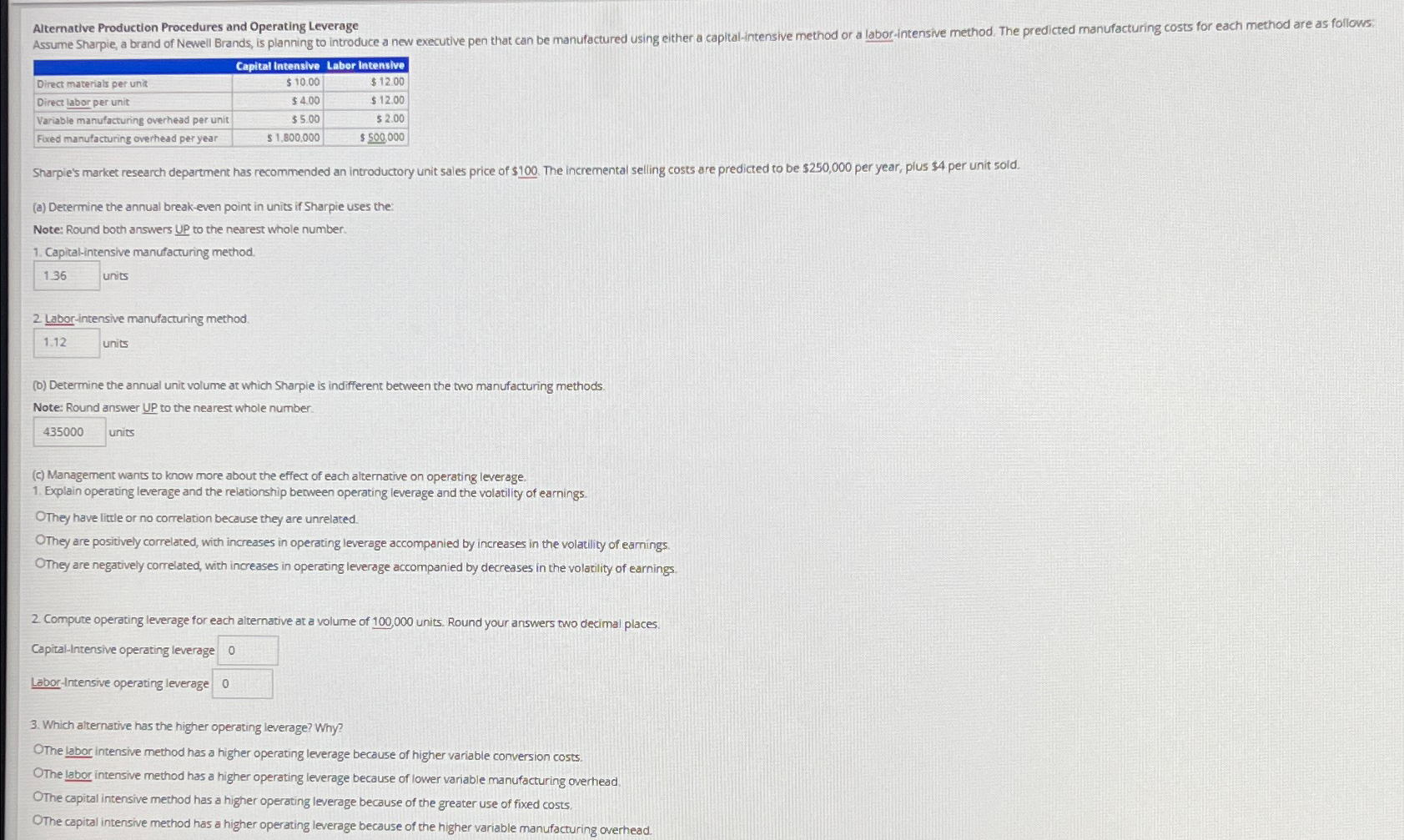 Solved Alternative Production Procedures and Operating | Chegg.com