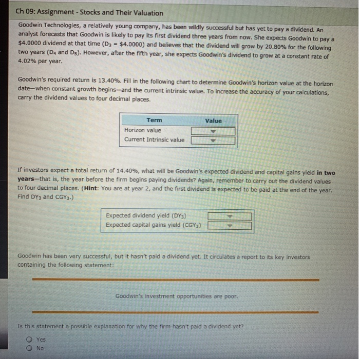 Solved Ch 09: Assignment - Stocks and Their Valuation | Chegg.com