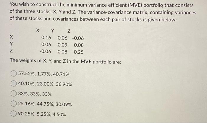 Solved You wish to construct the minimum variance efficient | Chegg.com