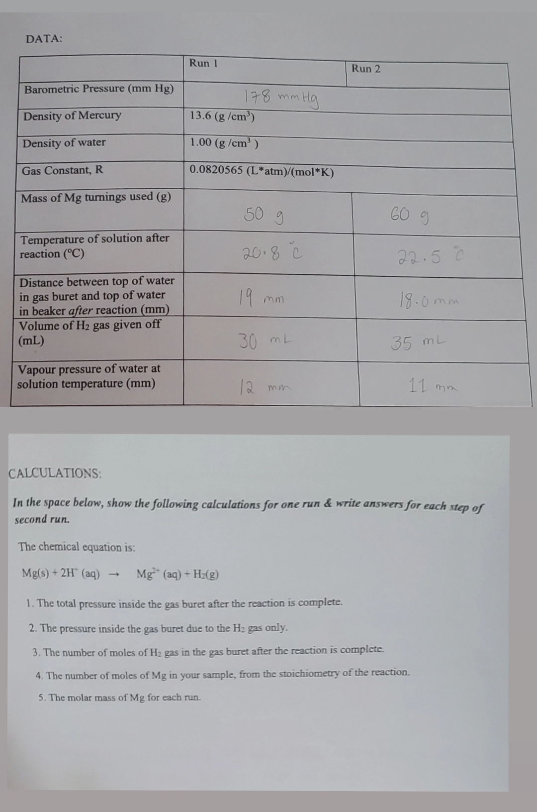 Solved DATA:\table[[,Run 1,Run 2],[Barometric Pressure | Chegg.com