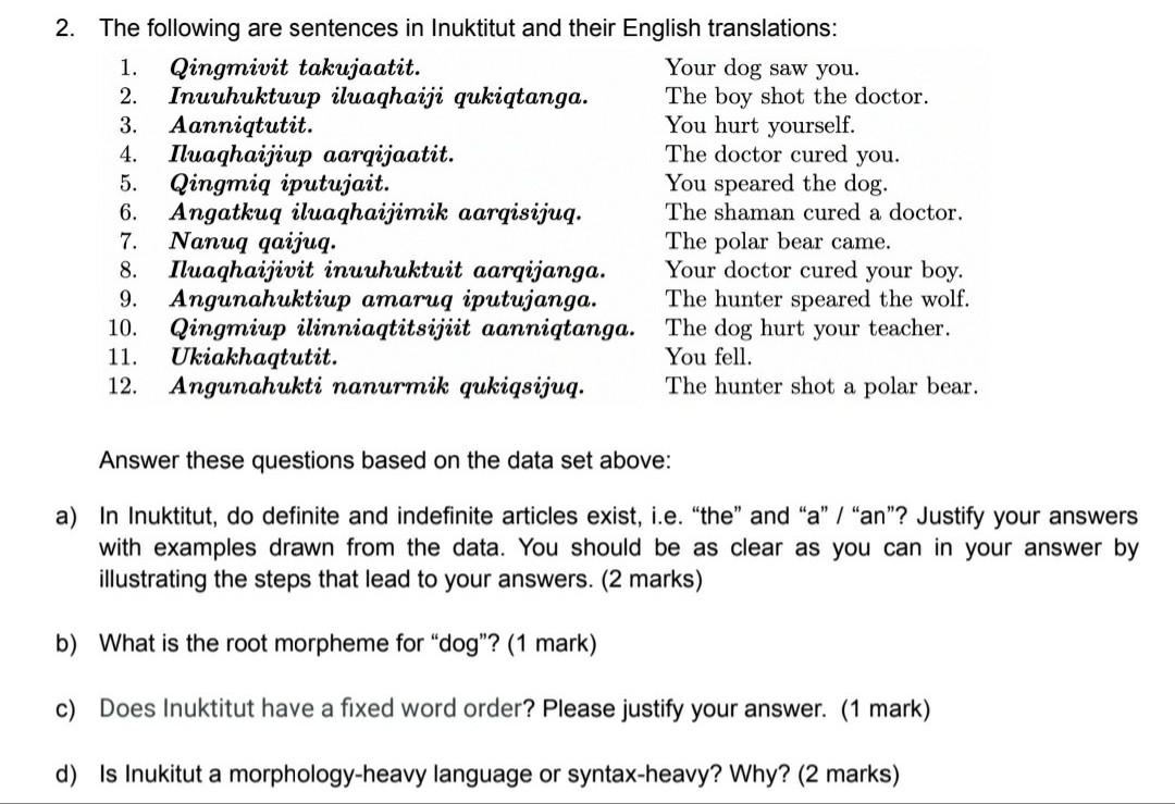 2. The following are sentences in Inuktitut and their | Chegg.com