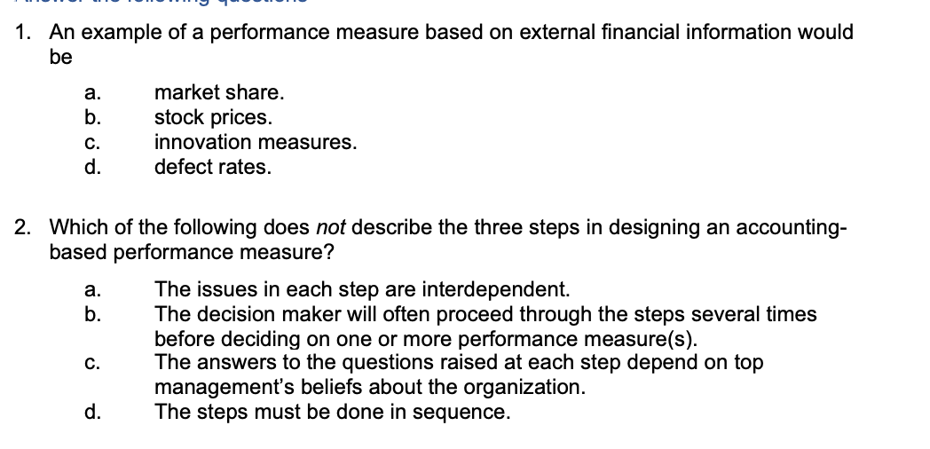 Solved An example of a performance measure based on external | Chegg.com