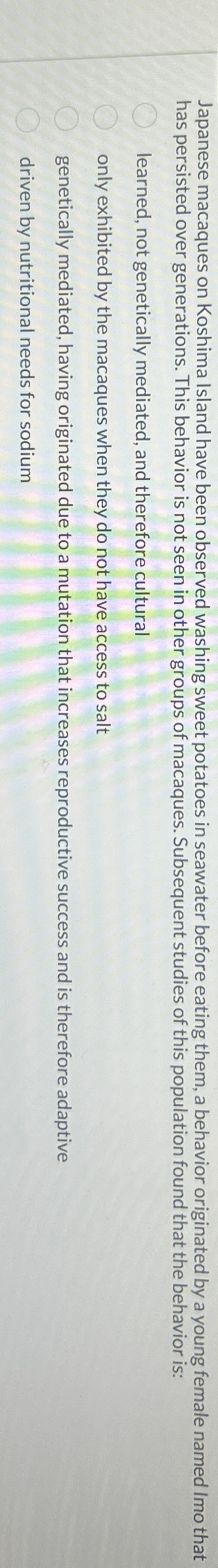 Solved Japanese macaques on Koshima Island have been | Chegg.com