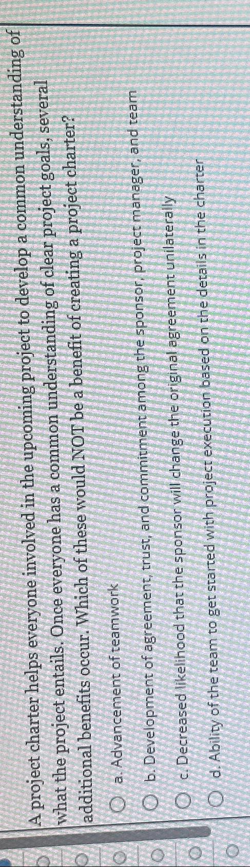 Solved A project charter helps everyone involved in the | Chegg.com