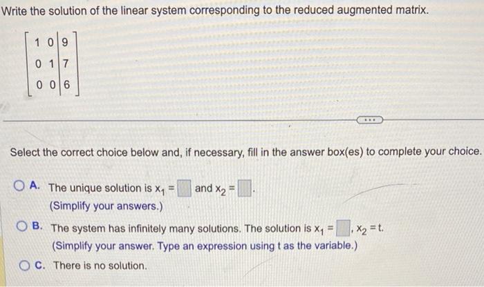 Solved Write the solution of the linear system corresponding | Chegg.com
