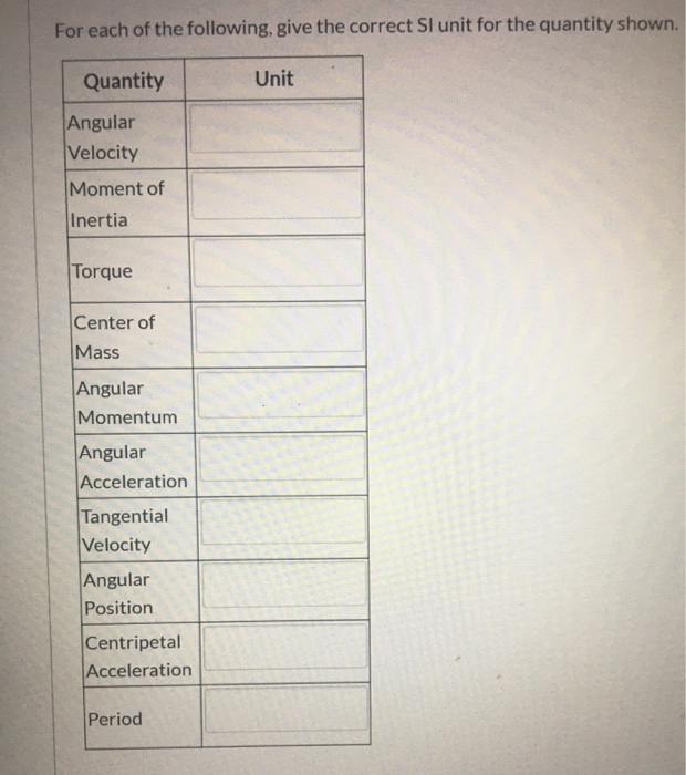 Solved For each of the following, give the correct Sl unit | Chegg.com