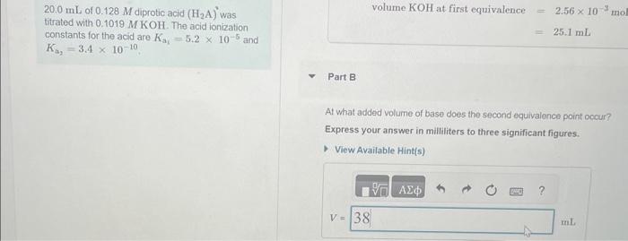 Solved 20.0 mL of 0.128M diprotic acid (H2 A) was volume KOH | Chegg.com