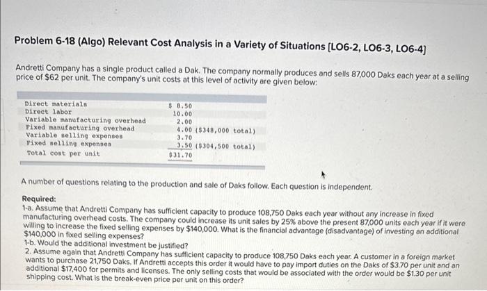 Solved Problem 6-18 (Algo) Relevant Cost Analysis in a | Chegg.com