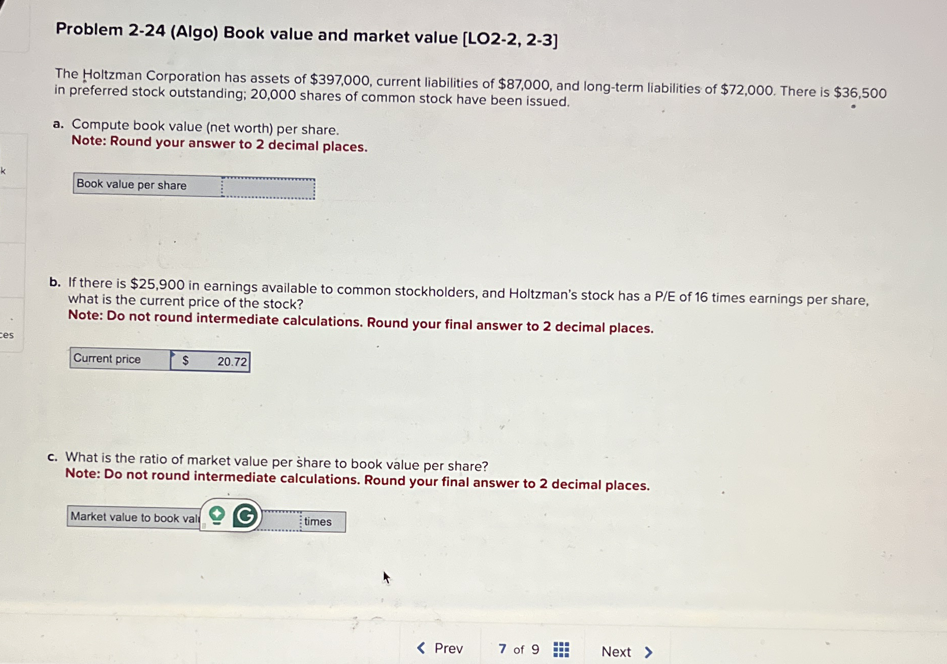 Problem 2-24 (Algo) ﻿Book value and market value | Chegg.com