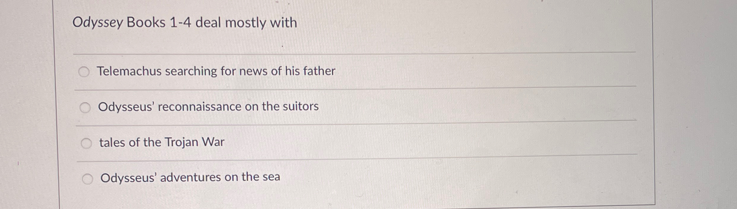 Solved Odyssey Books 1-4 ﻿deal mostly withq,Telemachus | Chegg.com