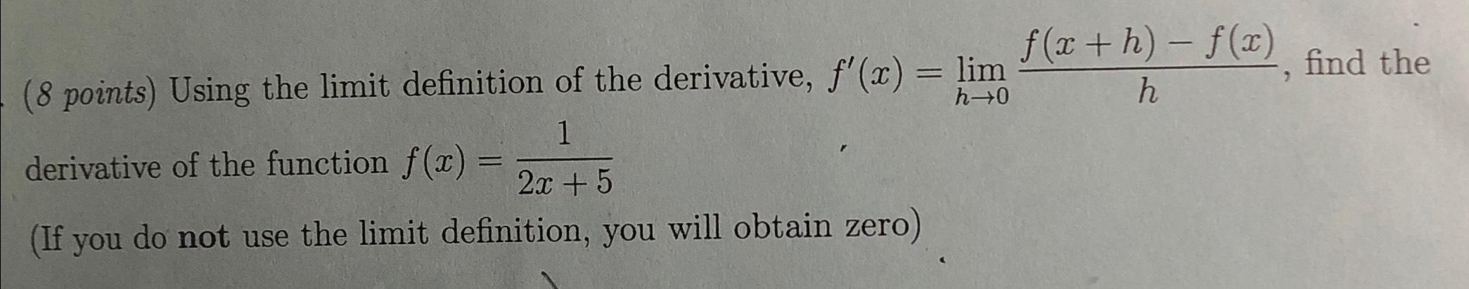 Solved (8 ﻿points) ﻿Using the limit definition of the | Chegg.com