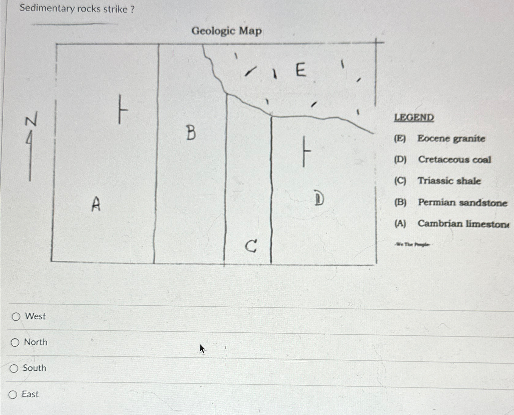 Solved Sedimentary rocks strike?LEGEND(E) ﻿Eocene granite(D) | Chegg.com