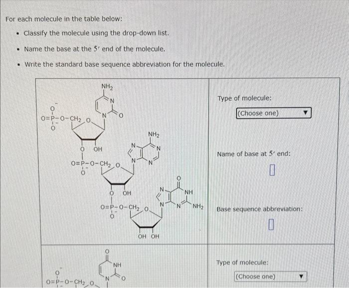 Solved For each molecule in the table below: - Classify the | Chegg.com