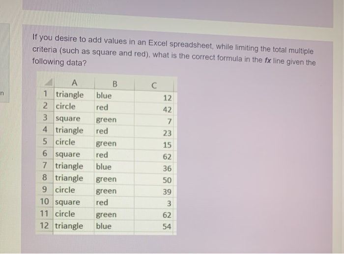Solved If you desire to add values in an Excel spreadsheet, | Chegg.com