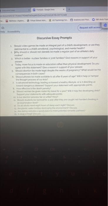 Discursive Essay Prompts I Should video girses be | Chegg.com