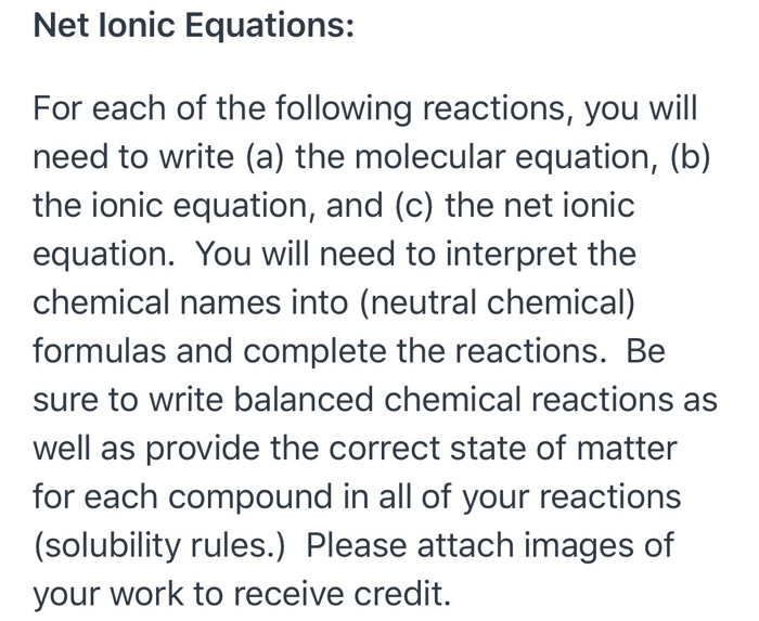 Solved Net lonic Equations: For each of the following | Chegg.com