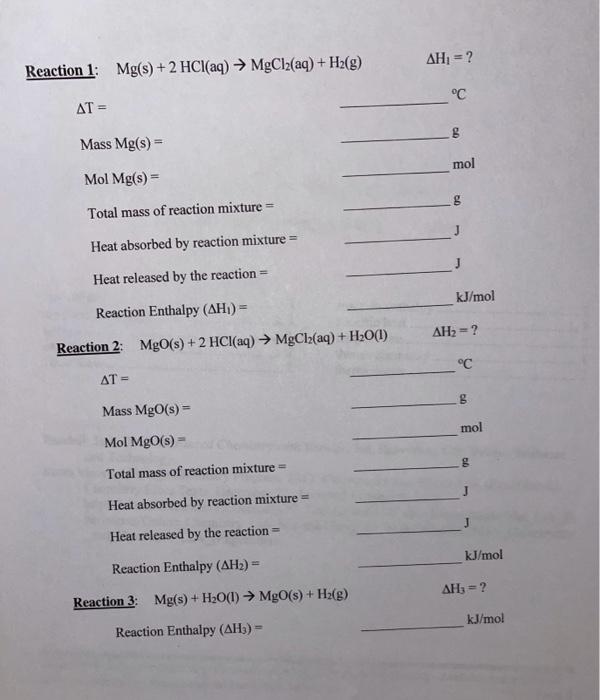 Solved AH, = ? Reaction 1: Mg(s) + 2 HCl(aq) → MgCl2(aq) + | Chegg.com