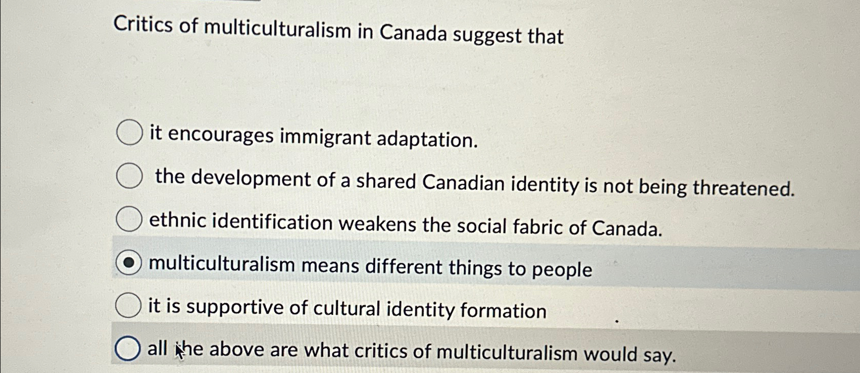 Solved Critics of multiculturalism in Canada suggest thatit | Chegg.com