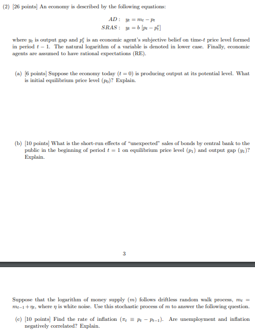 Solved (2) [26 ﻿points] An ﻿economy is ﻿described by ﻿the | Chegg.com