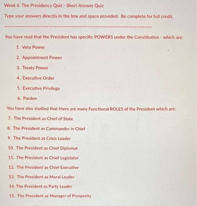 Solved Week 6 The Presidency Quiz - Short Answer Quiz Type | Chegg.com