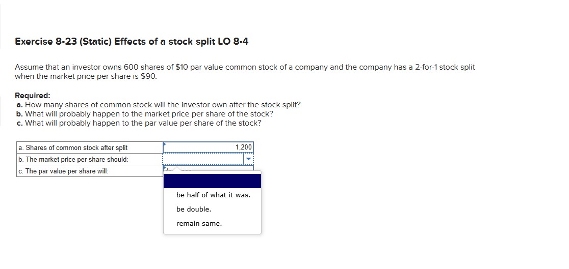 Solved Exercise 8-23 (Static) ﻿Effects of a stock split LO | Chegg.com