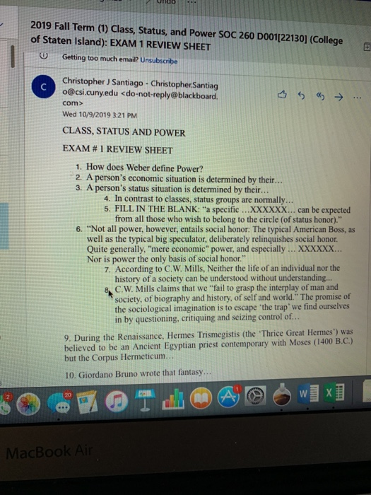 2019 Fall Term (1) Class, Status, and Power SOC 260 | Chegg.com