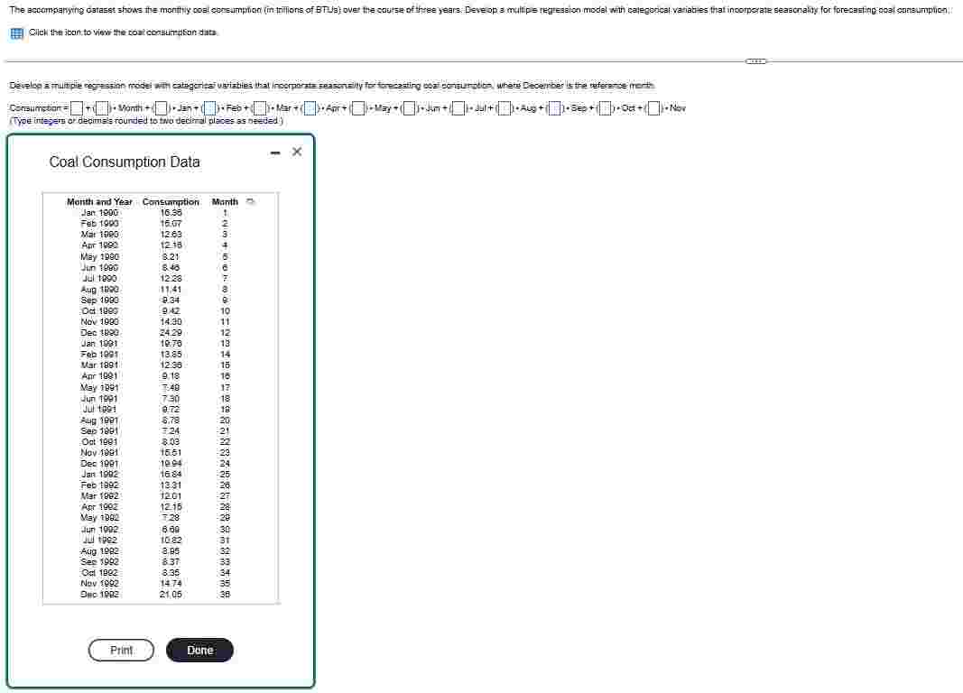 Solved The accompanying dataset shows the monthly coal | Chegg.com