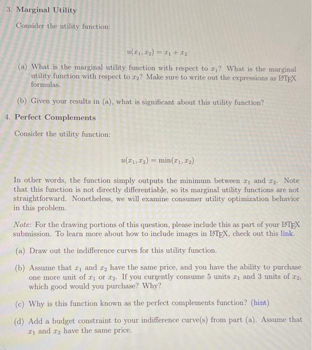 Solved 3. Marginal Utility Consider the utility function: | Chegg.com
