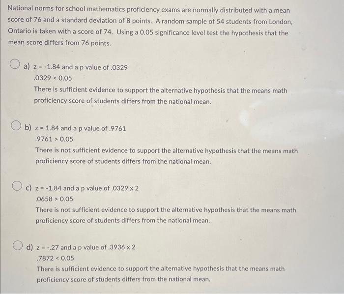 Solved National norms for school mathematics proficiency | Chegg.com