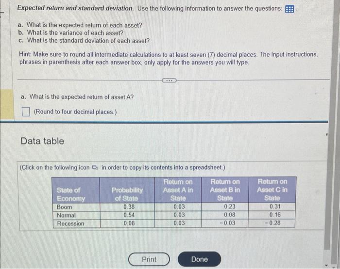 Solved Expected return and standard deviation. Use the | Chegg.com