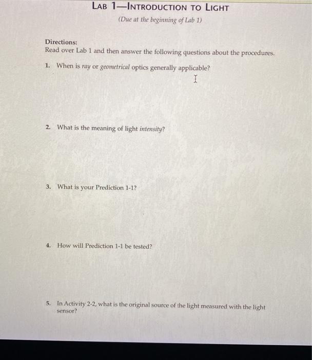 Solved LAB 1-INTRODUCTION TO LIGHT (Due at the beginning of | Chegg.com
