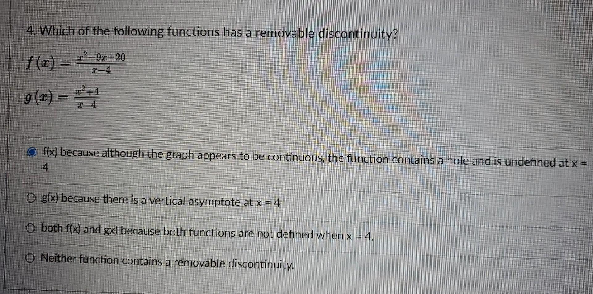 Solved 4. Which of the following functions has a removable | Chegg.com