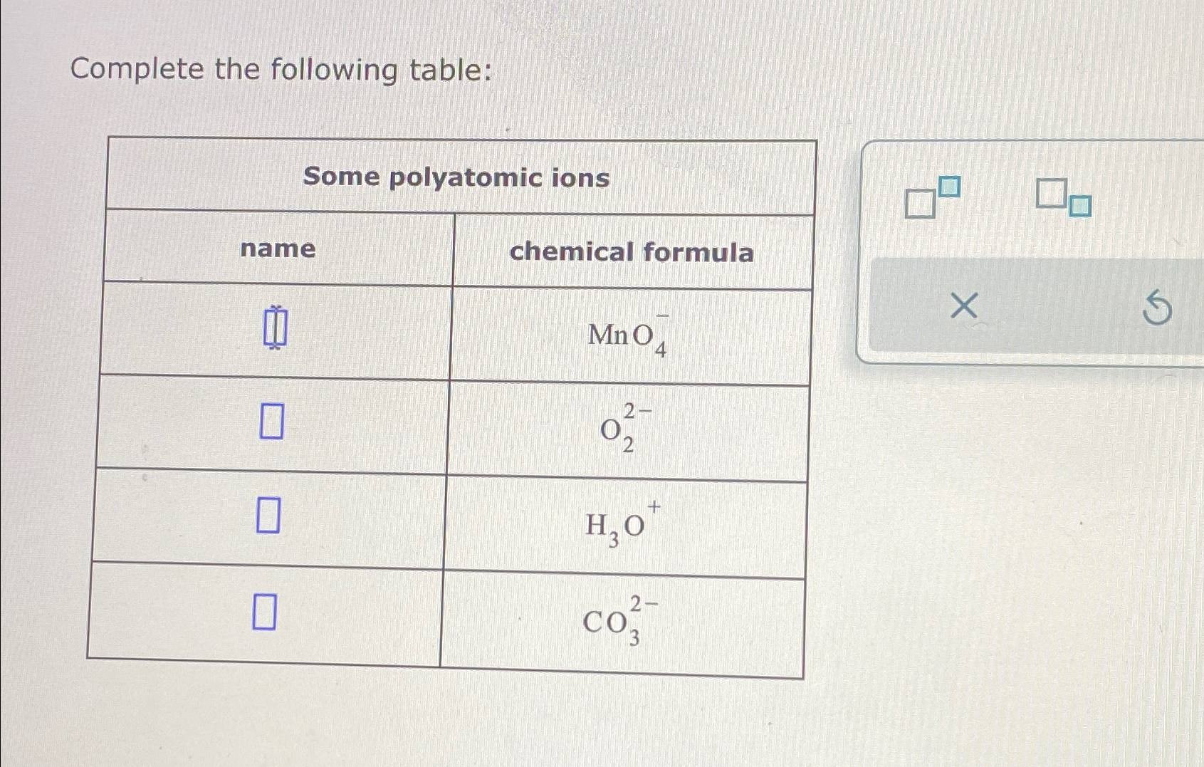 Solved Complete the following table:\table[[Some polyatomic | Chegg.com