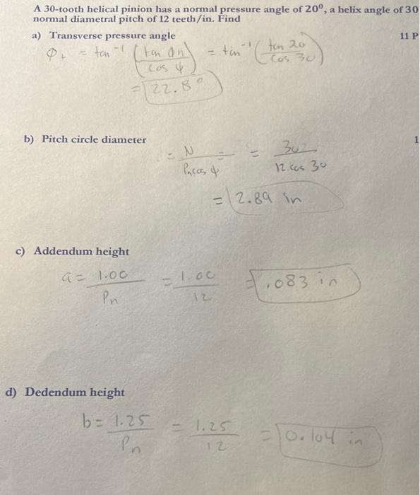Solved A 30-tooth helical pinion has a normal pressure angle | Chegg.com