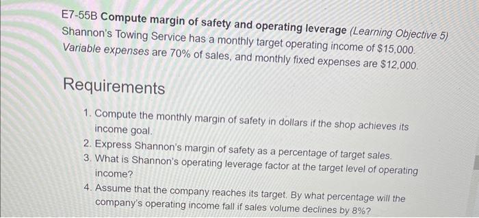 Solved E7 55b Compute Margin Of Safety And Operating