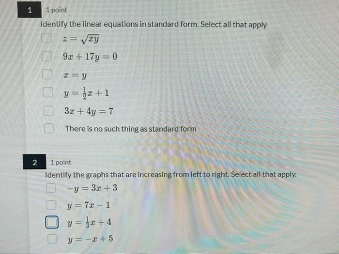 Solved 1 1 point Identify the linear equations in standard | Chegg.com