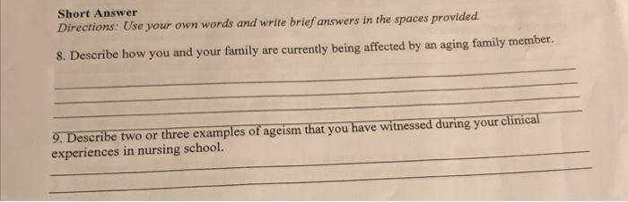 Solved Short Answer Directions: Use your own words and write | Chegg.com