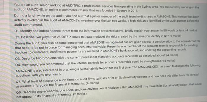 Solved You are an audit senior working at AUDITFIX, a | Chegg.com