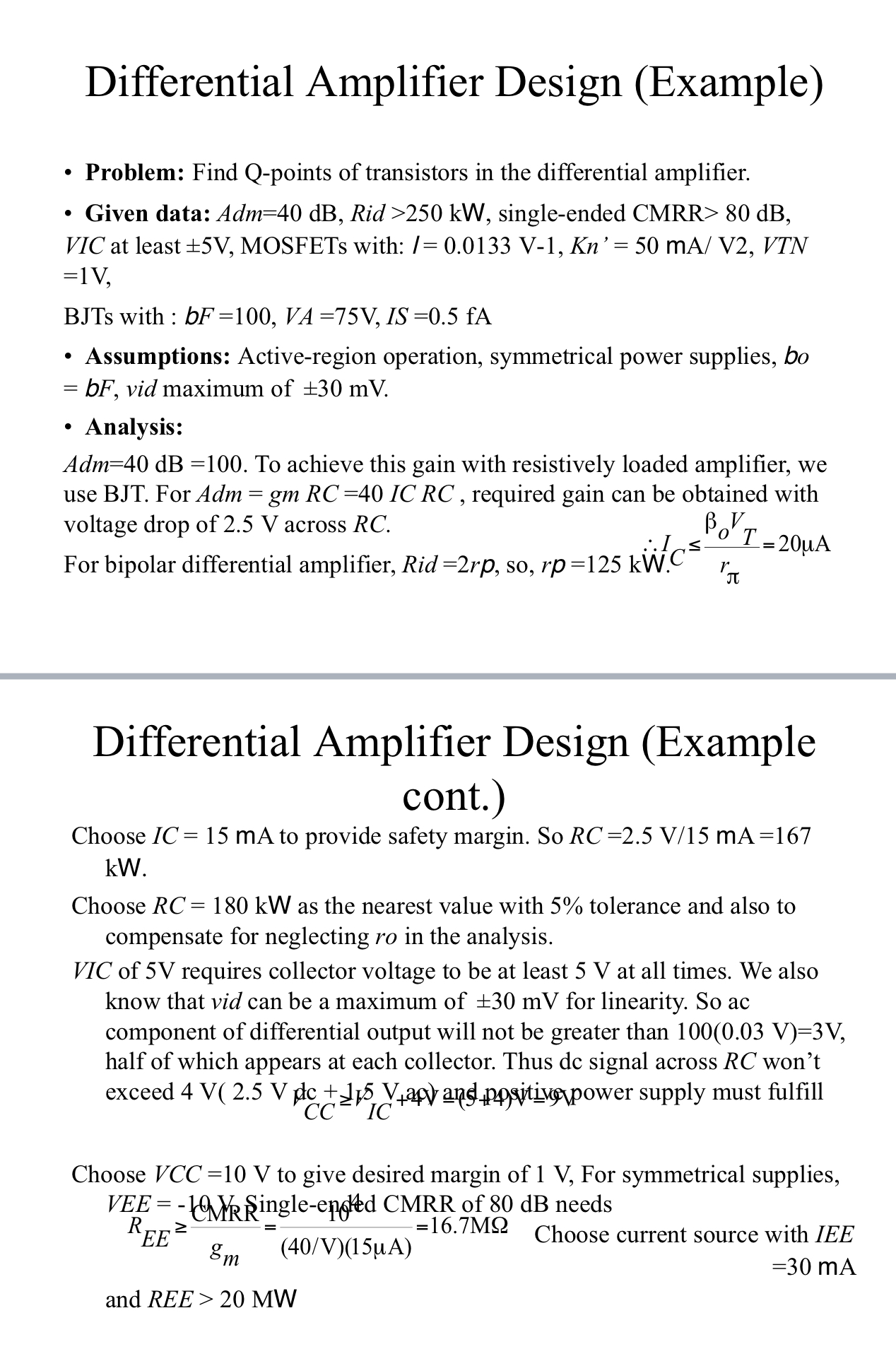 Differential Amplifier Design (Example)Problem: Find | Chegg.com