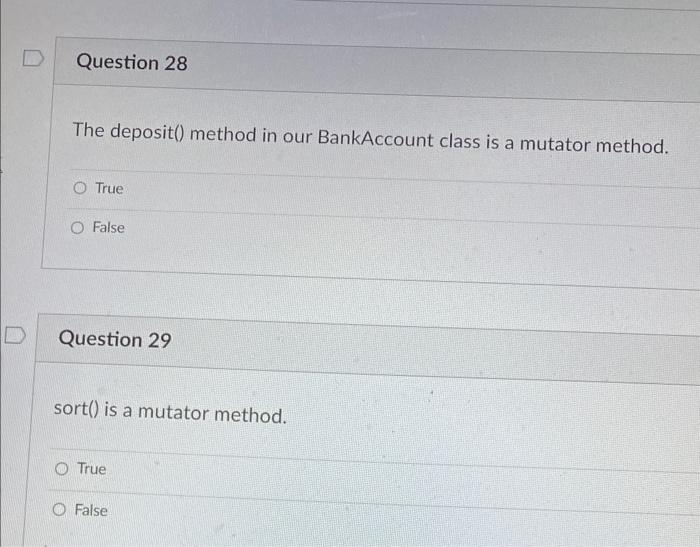 Solved Question 28 The deposit() method in our BankAccount | Chegg.com