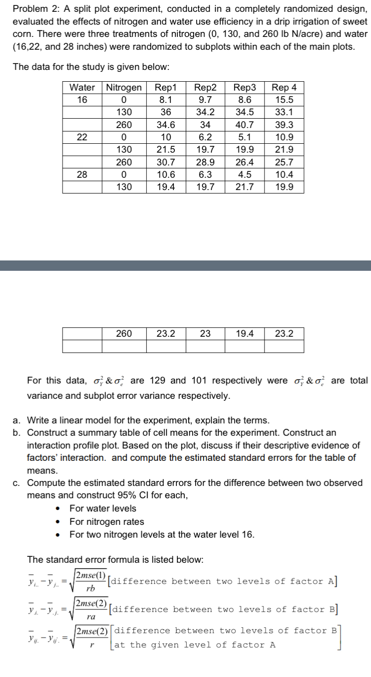 Solved Problem 2: A split plot experiment, conducted in a | Chegg.com