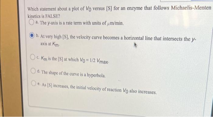 Solved Which statement about a plot of V0 versus [S] for an | Chegg.com