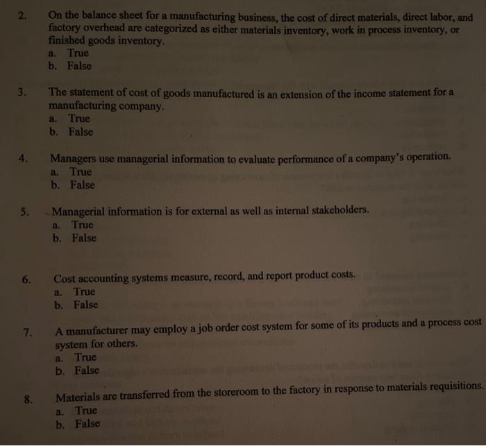 Solved 2. On the balance sheet for a manufacturing business, | Chegg.com