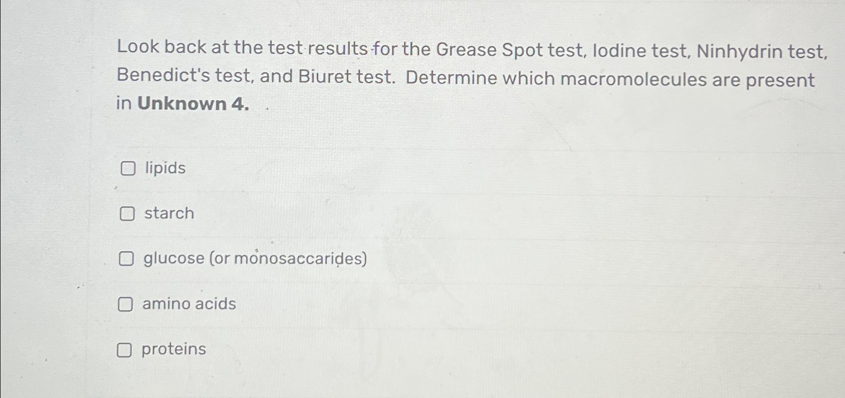 Solved Look back at the test results for the Grease Spot | Chegg.com