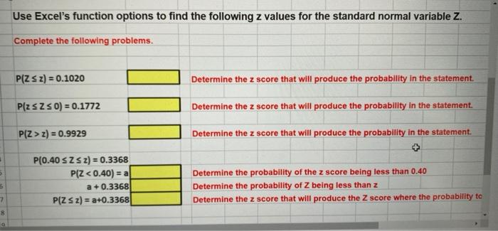 Solved Use Excel's function options to find the following z | Chegg.com