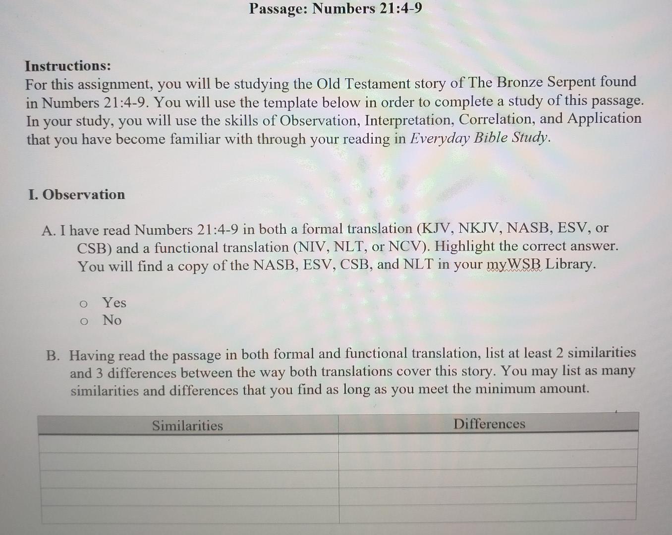 Passage: Numbers 21:4-9 Instructions: For this | Chegg.com