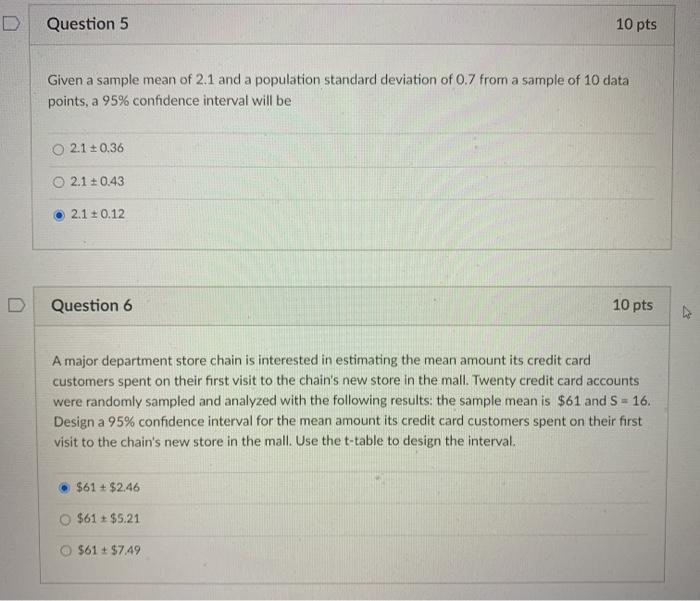 Solved Question 5 10 pts Given a sample mean of 2.1 and a | Chegg.com