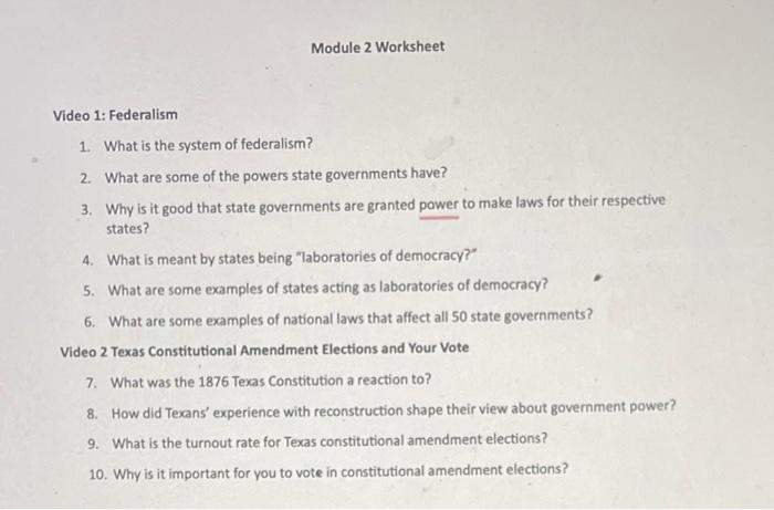 Video 1: Federalism 1. What is the system of | Chegg.com