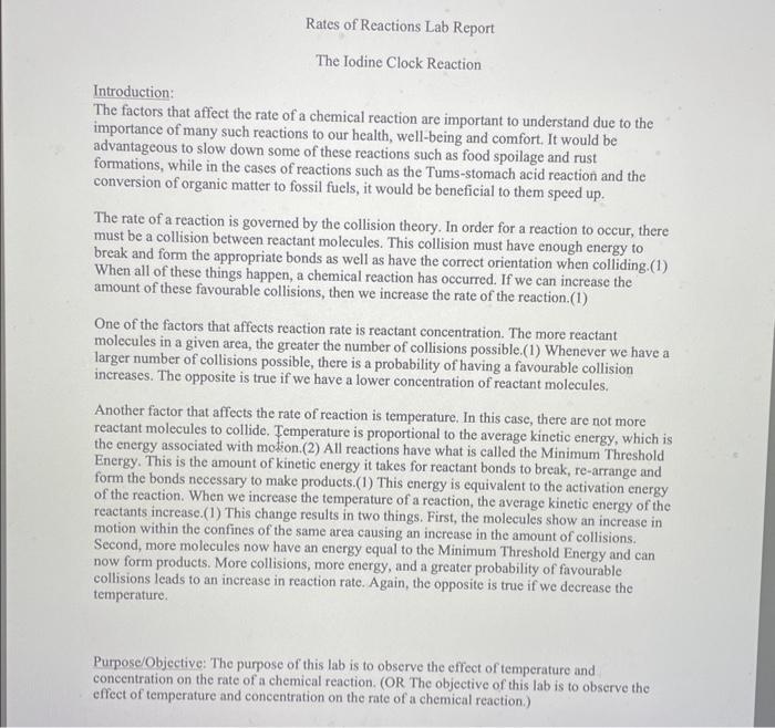 The Iodine Clock Reaction Introduction: The factors | Chegg.com