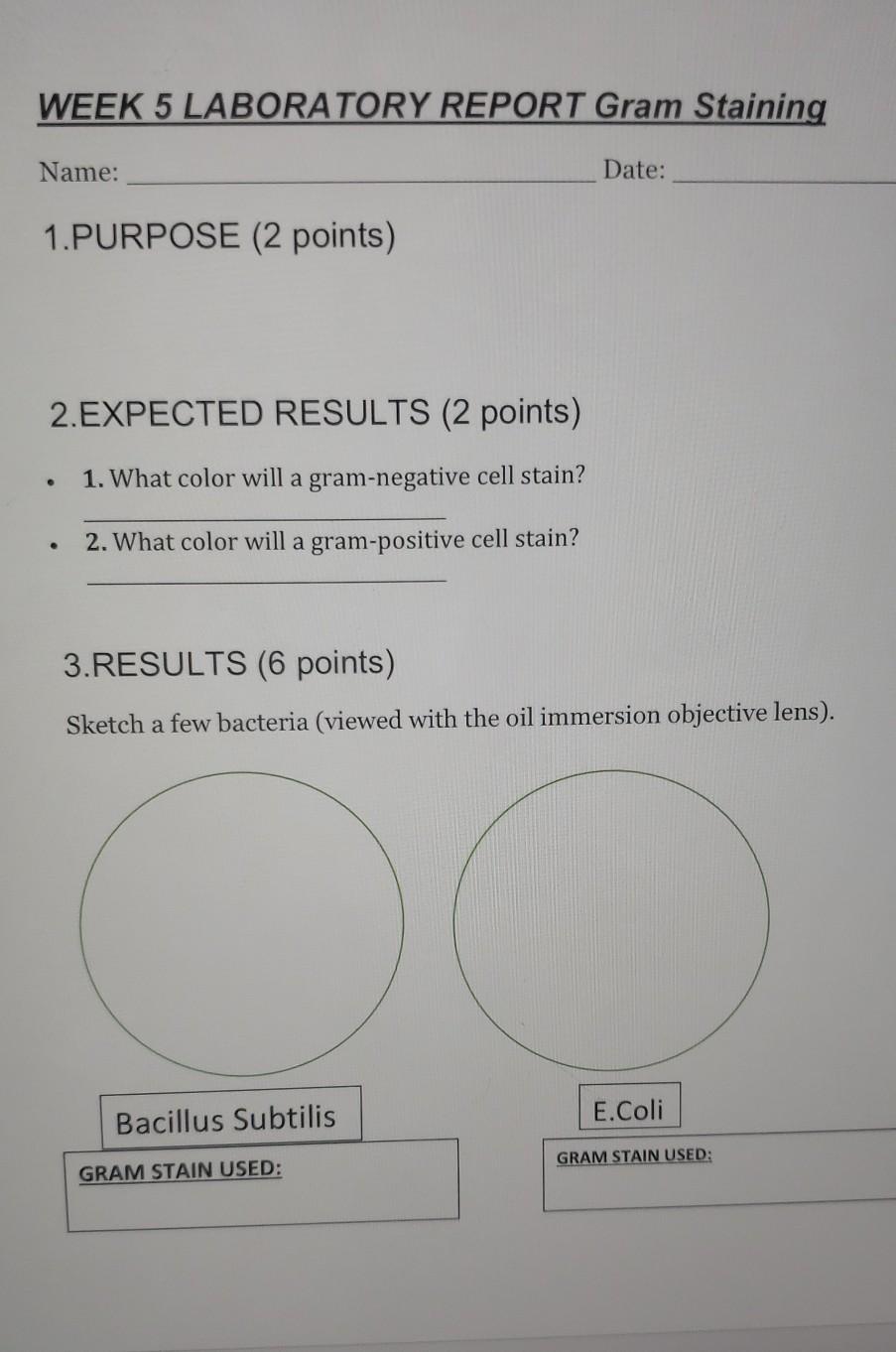 Solved WEEK 5 LABORATORY REPORT Gram Staining Name: Date: | Chegg.com